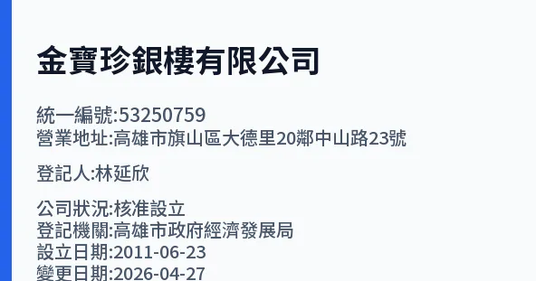 金寶珍銀樓有限公司的照片-統編 53250759(高雄市) 公司登記資料與營業項目詳細圖表