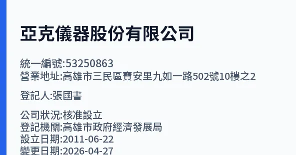 亞克儀器股份有限公司的照片-統編 53250863(高雄市) 公司登記資料與營業項目詳細圖表