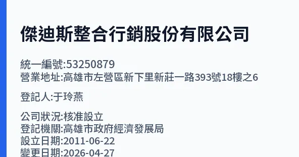 傑迪斯整合行銷股份有限公司的照片-統編 53250879(高雄市) 公司登記資料與營業項目詳細圖表