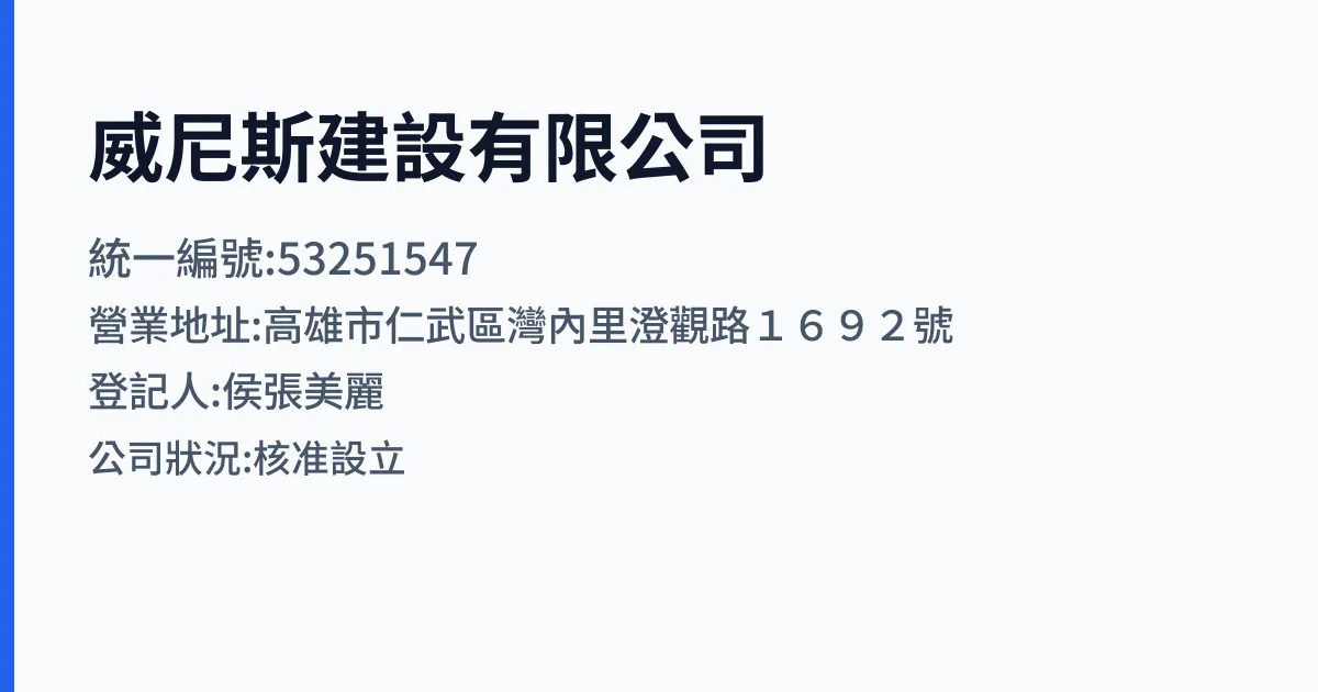 威尼斯建設有限公司 - 統編 53251547(高雄市) 公司登記資料與營業項目詳細圖表