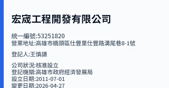 宏宬工程開發有限公司的照片-統編 53251820(高雄市) 公司登記資料與營業項目詳細圖表