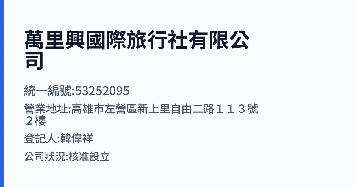 萬里興國際旅行社有限公司 - 統編 53252095(高雄市) 公司登記資料與營業項目詳細圖表