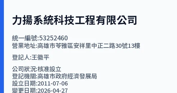 力揚系統科技工程有限公司的照片-統編 53252460(高雄市) 公司登記資料與營業項目詳細圖表