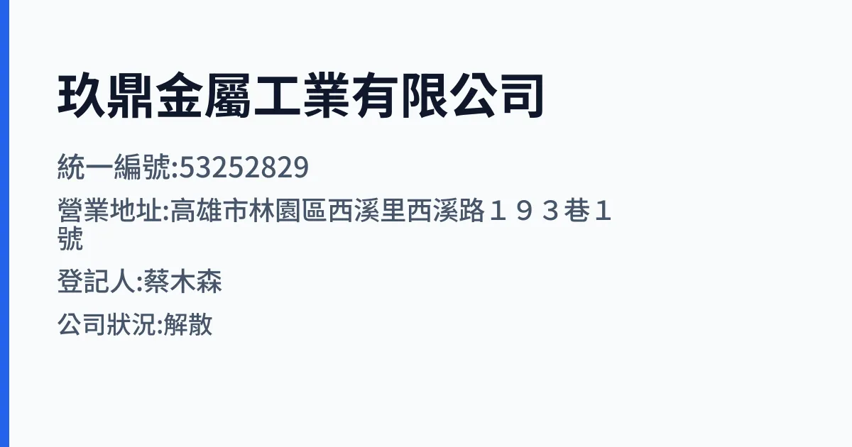 玖鼎金屬工業有限公司 - 統編 53252829(高雄市) 公司登記資料與營業項目詳細圖表