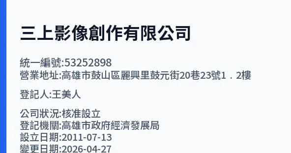三上影像創作有限公司的照片-統編 53252898(高雄市) 公司登記資料與營業項目詳細圖表