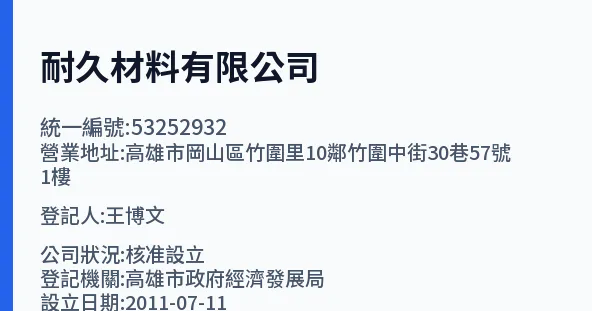 耐久材料有限公司的照片-統編 53252932(高雄市) 公司登記資料與營業項目詳細圖表