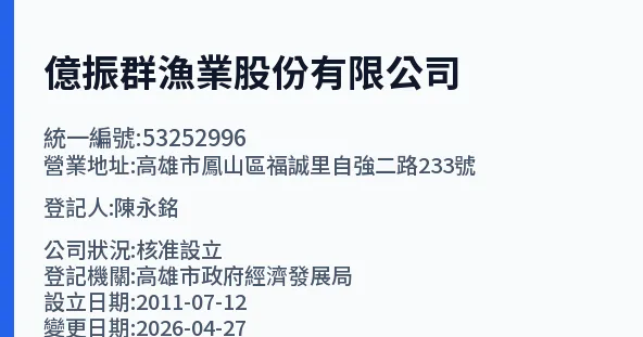 億振群漁業股份有限公司的照片-統編 53252996(高雄市) 公司登記資料與營業項目詳細圖表