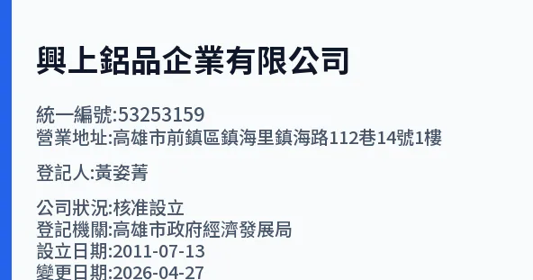 興上鋁品企業有限公司的照片-統編 53253159(高雄市) 公司登記資料與營業項目詳細圖表