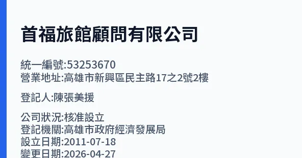 首福旅館顧問有限公司的照片-統編 53253670(高雄市) 公司登記資料與營業項目詳細圖表