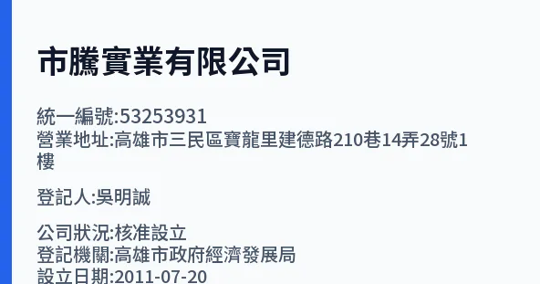 市騰實業有限公司的照片-統編 53253931(高雄市) 公司登記資料與營業項目詳細圖表