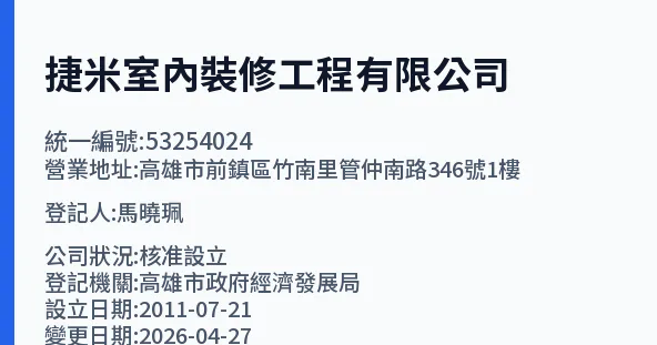 捷米室內裝修工程有限公司的照片-統編 53254024(高雄市) 公司登記資料與營業項目詳細圖表