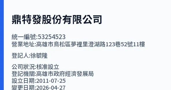 鼎特發股份有限公司的照片-統編 53254523(高雄市) 公司登記資料與營業項目詳細圖表