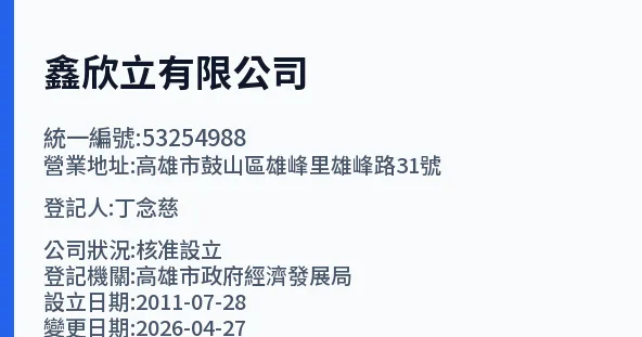 鑫欣立有限公司的照片-統編 53254988(高雄市) 公司登記資料與營業項目詳細圖表