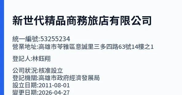 新世代精品商務旅店有限公司的照片-統編 53255234(高雄市) 公司登記資料與營業項目詳細圖表