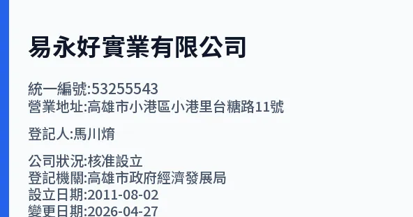 易永好實業有限公司的照片-統編 53255543(高雄市) 公司登記資料與營業項目詳細圖表