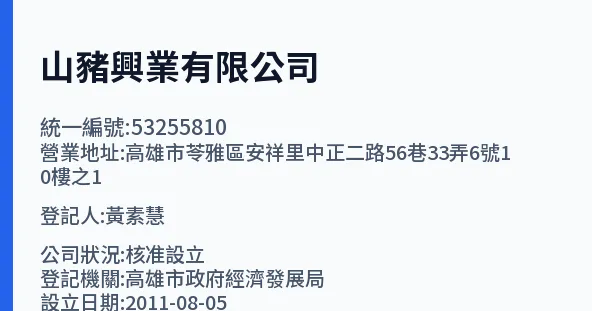 山豬興業有限公司的照片-統編 53255810(高雄市) 公司登記資料與營業項目詳細圖表