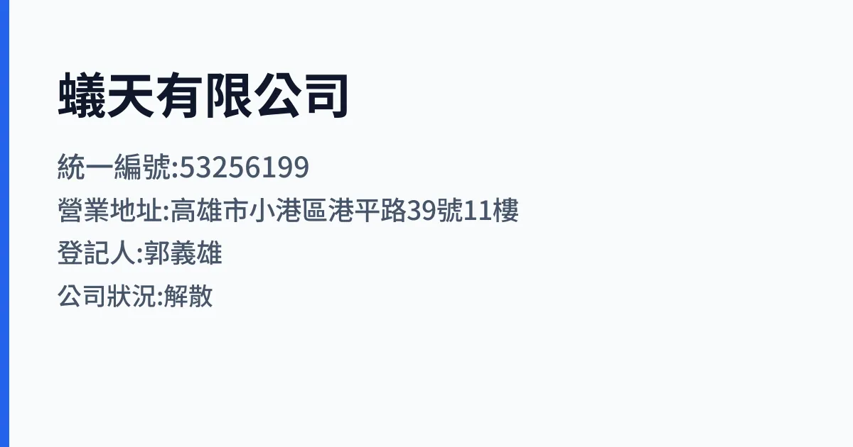 蟻天有限公司 - 統編 53256199(高雄市) 公司登記資料與營業項目詳細圖表