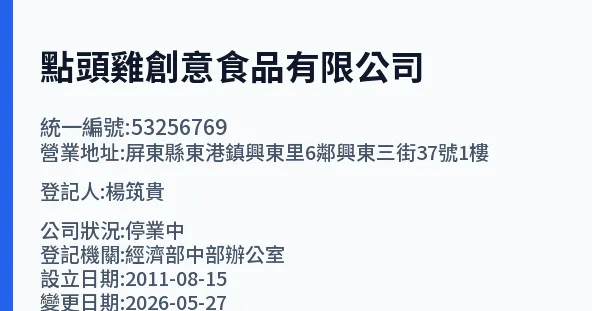 點頭雞創意食品有限公司的照片-統編 53256769(屏東縣) 公司登記資料與營業項目詳細圖表