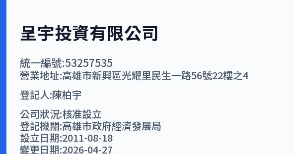 呈宇投資有限公司的照片-統編 53257535(高雄市) 公司登記資料與營業項目詳細圖表