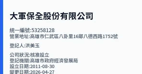 大軍保全股份有限公司的照片-統編 53258128(高雄市) 公司登記資料與營業項目詳細圖表