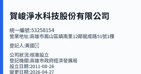 賀峻淨水科技股份有限公司的照片-統編 53258154(高雄市) 公司登記資料與營業項目詳細圖表