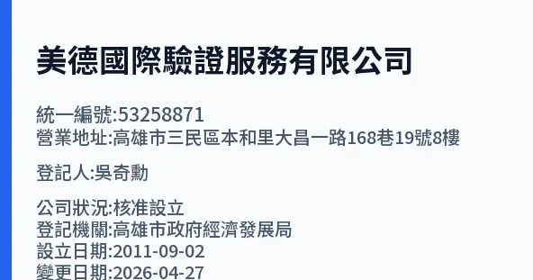 美德國際驗證服務有限公司的照片-統編 53258871(高雄市) 公司登記資料與營業項目詳細圖表