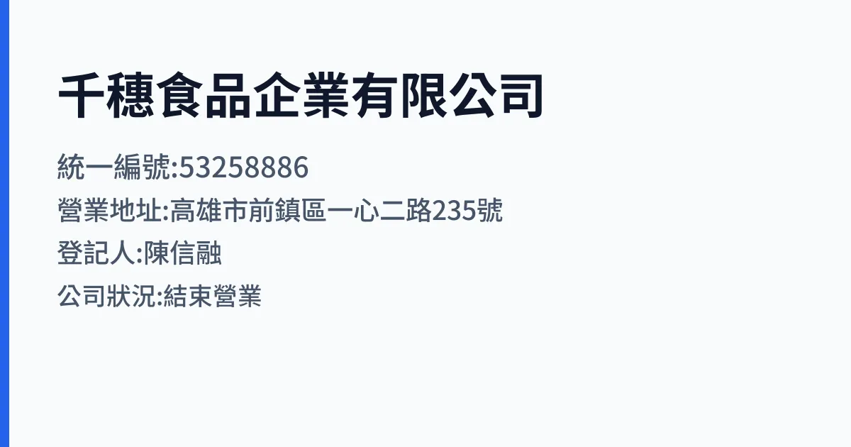 千穗食品企業有限公司 - 統編 53258886(高雄市) 公司登記資料與營業項目詳細圖表