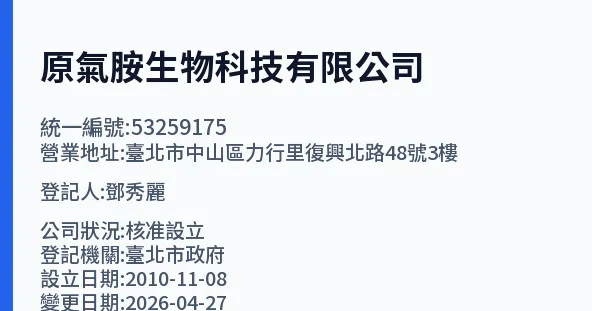 原氣胺生物科技有限公司的照片-統編 53259175(臺北市) 公司登記資料與營業項目詳細圖表