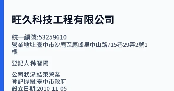 旺久科技工程有限公司的照片-統編 53259610(臺中市) 公司登記資料與營業項目詳細圖表