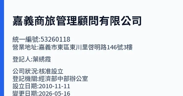 嘉義商旅管理顧問有限公司的照片-統編 53260118(嘉義市) 公司登記資料與營業項目詳細圖表
