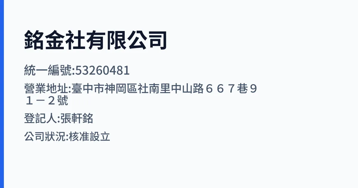銘金社有限公司 - 統編 53260481(臺中市) 公司登記資料與營業項目詳細圖表