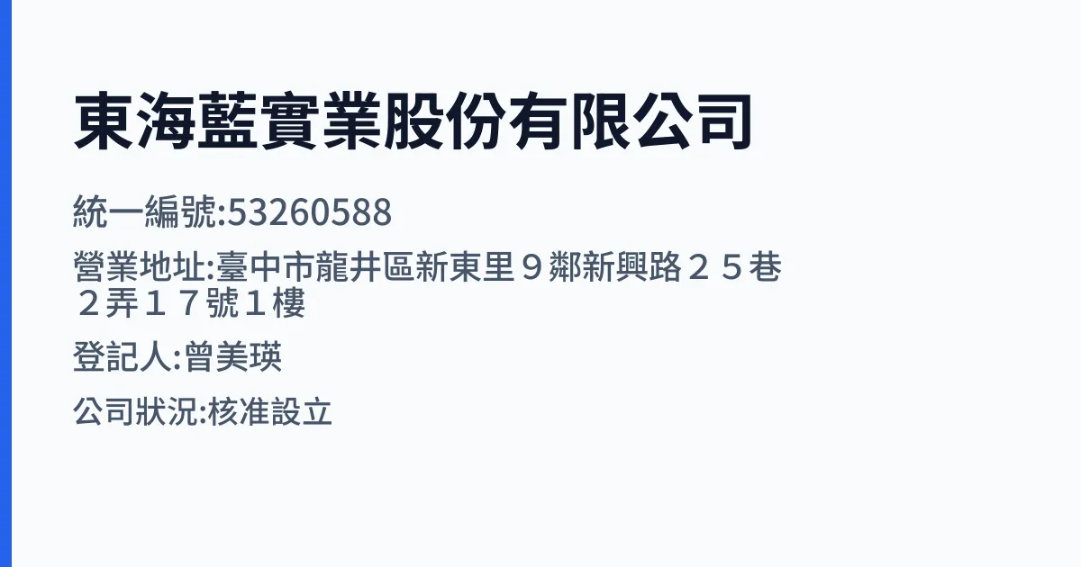 東海藍實業股份有限公司 - 統編 53260588(臺中市) 公司登記資料與營業項目詳細圖表