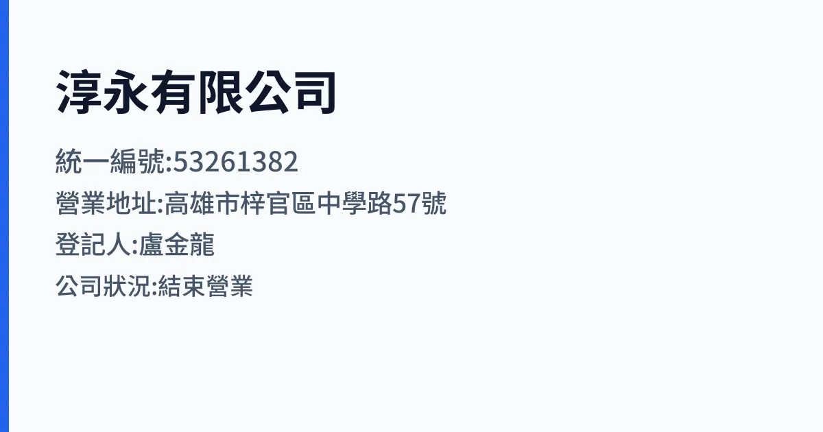 淳永有限公司 - 統編 53261382（高雄市） 公司登記資料與營業項目詳細圖表