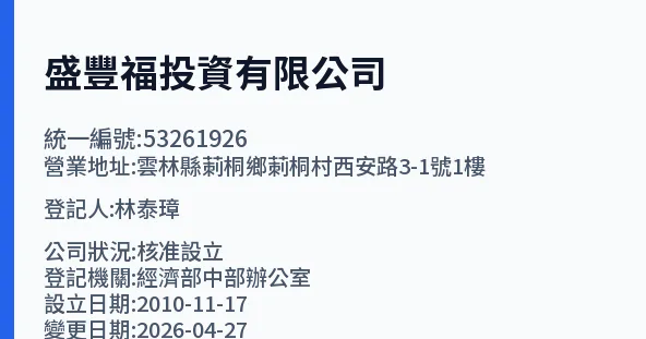盛豐福投資有限公司的照片-統編 53261926(雲林縣) 公司登記資料與營業項目詳細圖表