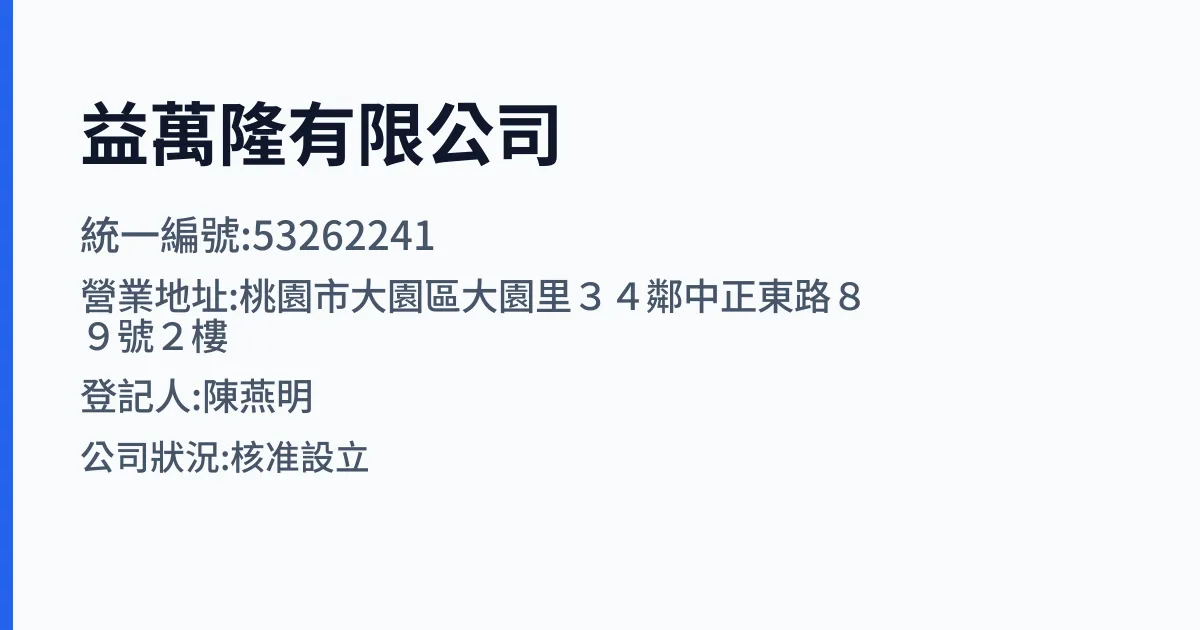 益萬隆有限公司 - 統編 53262241(桃園市) 公司登記資料與營業項目詳細圖表