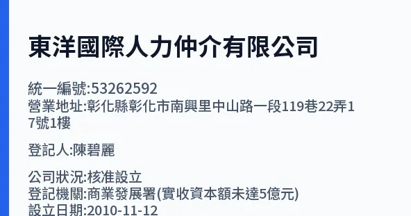 東洋國際人力仲介有限公司的照片-統編 53262592(彰化縣) 公司登記資料與營業項目詳細圖表