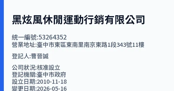 黑炫風休閒運動行銷有限公司的照片-統編 53264352(臺中市) 公司登記資料與營業項目詳細圖表