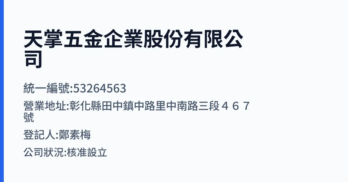 天掌五金企業股份有限公司 - 統編 53264563（彰化縣） 公司登記資料與營業項目詳細圖表