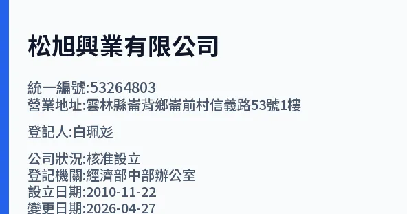 松旭興業有限公司的照片-統編 53264803(雲林縣) 公司登記資料與營業項目詳細圖表