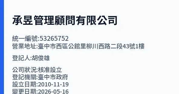 承昱管理顧問有限公司的照片-統編 53265752(臺中市) 公司登記資料與營業項目詳細圖表