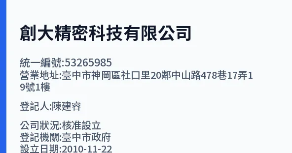 創大精密科技有限公司的照片-統編 53265985(臺中市) 公司登記資料與營業項目詳細圖表