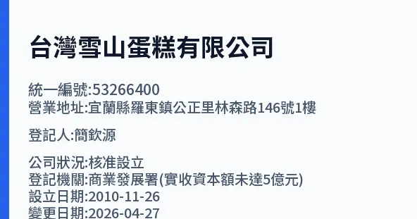 台灣雪山蛋糕有限公司的照片-統編 53266400(宜蘭縣) 公司登記資料與營業項目詳細圖表