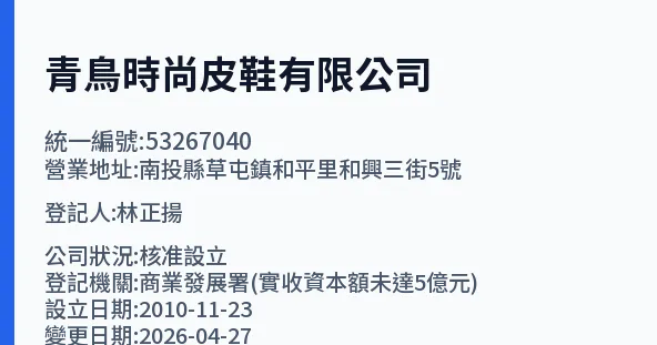 青鳥時尚皮鞋有限公司的照片-統編 53267040(南投縣) 公司登記資料與營業項目詳細圖表