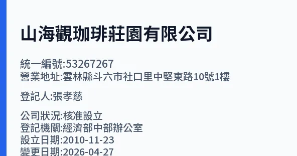 山海觀珈琲莊園有限公司的照片-統編 53267267(雲林縣) 公司登記資料與營業項目詳細圖表
