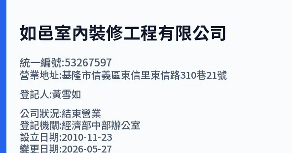 如邑室內裝修工程有限公司的照片-統編 53267597(基隆市) 公司登記資料與營業項目詳細圖表