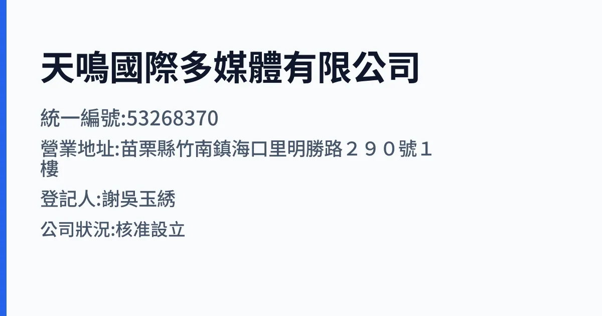 天鳴國際多媒體有限公司 - 統編 53268370(苗栗縣) 公司登記資料與營業項目詳細圖表