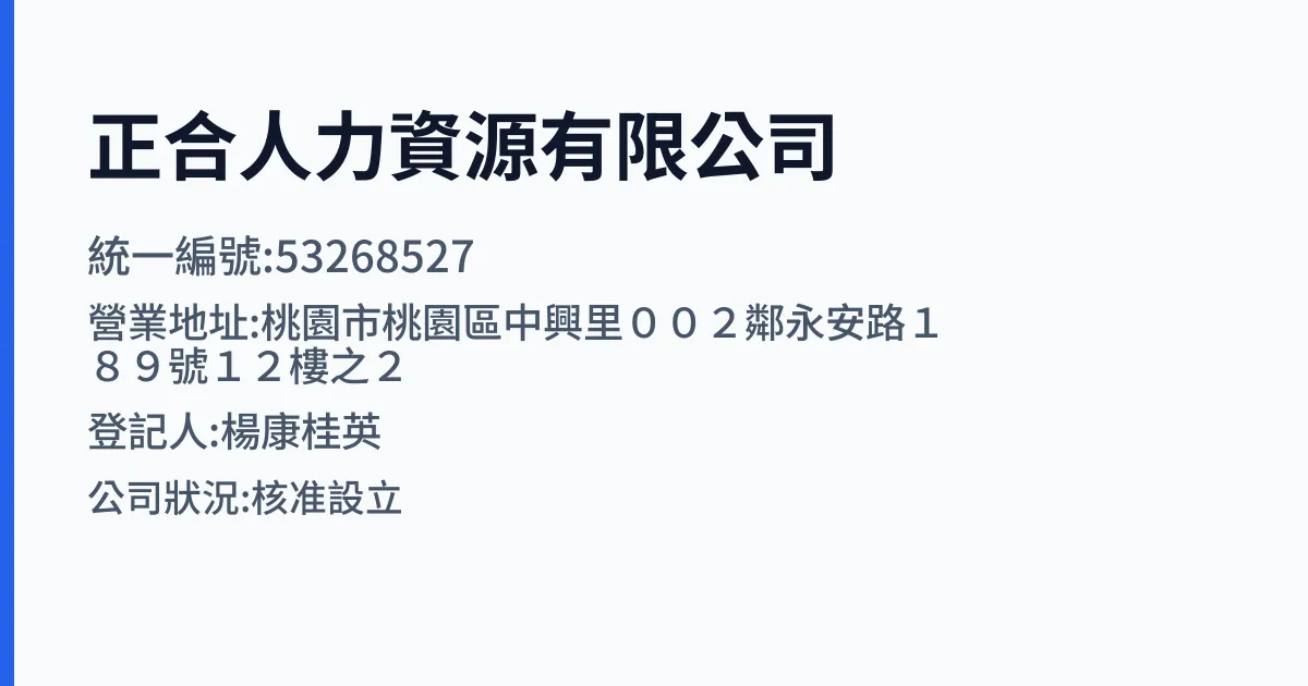 正合人力資源有限公司 - 統編 53268527(桃園市) 公司登記資料與營業項目詳細圖表