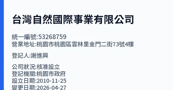 台灣自然國際事業有限公司的照片-統編 53268759(桃園市) 公司登記資料與營業項目詳細圖表