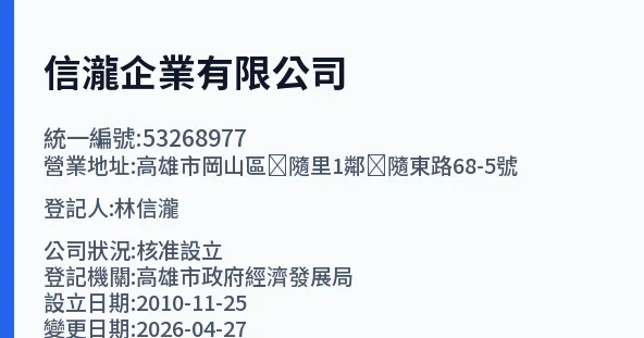 信瀧企業有限公司的照片-統編 53268977(高雄市) 公司登記資料與營業項目詳細圖表