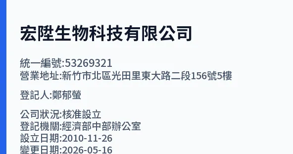 宏陞生物科技有限公司的照片-統編 53269321(新竹市) 公司登記資料與營業項目詳細圖表